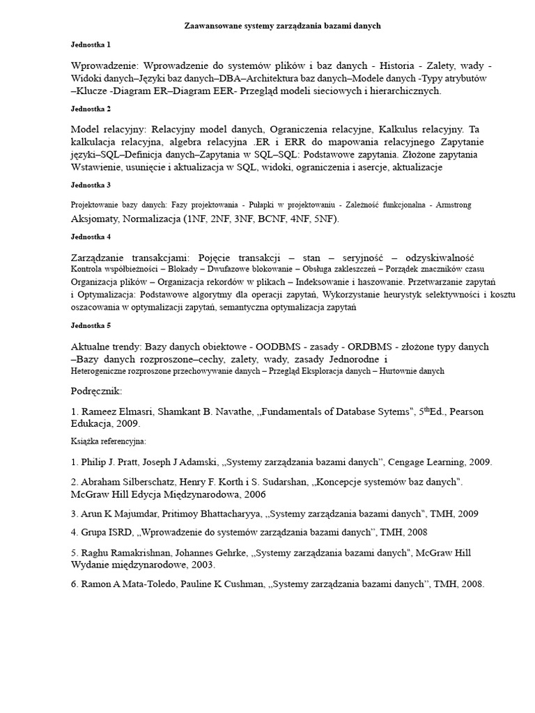 Zaawansowane Systemy Zarządzania Bazami Danych | PDF