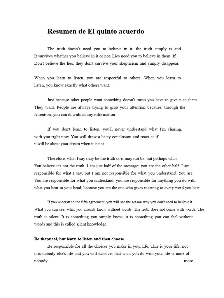 Summary of The Book The Fifth Agreement Word | PDF