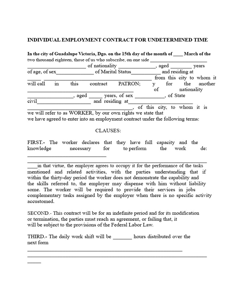 Individual Employment Contract For Indefinite Time | PDF | Employment ...