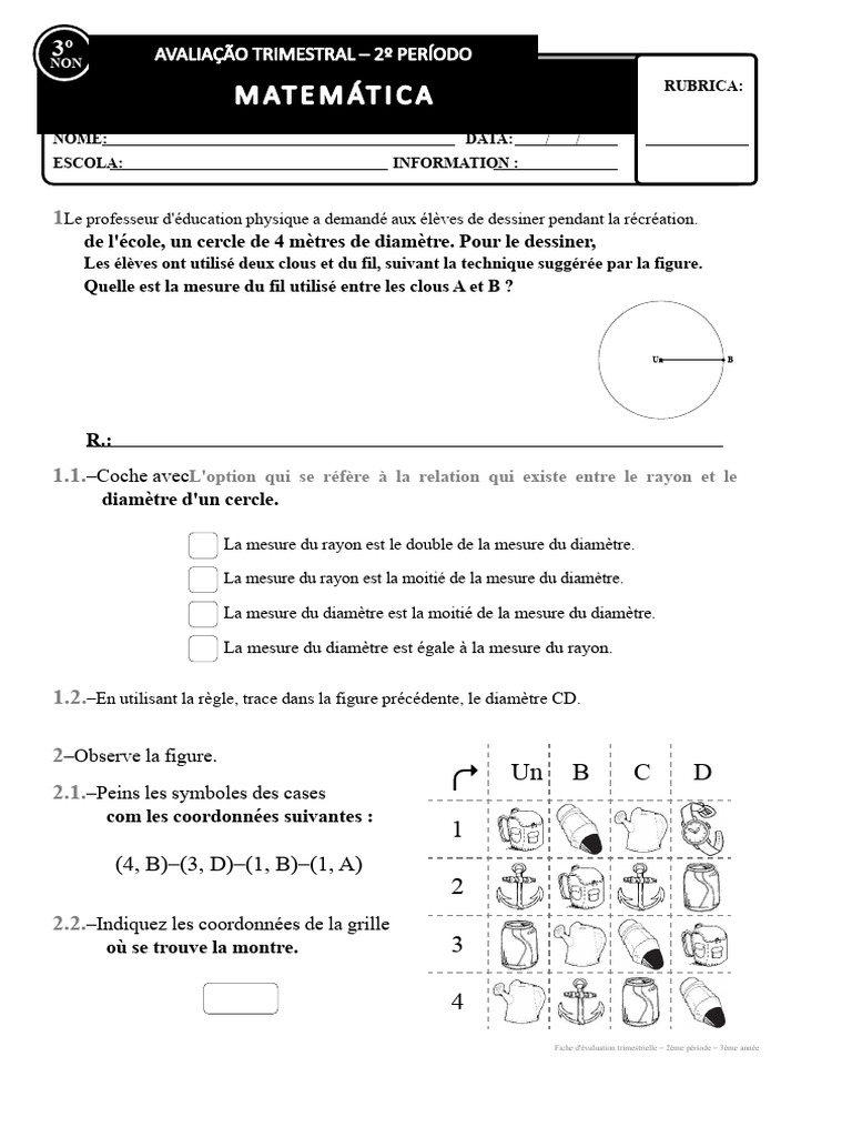 Évaluation trimestrielle 3e année | PDF | Cercle | Rayon (géométrie)