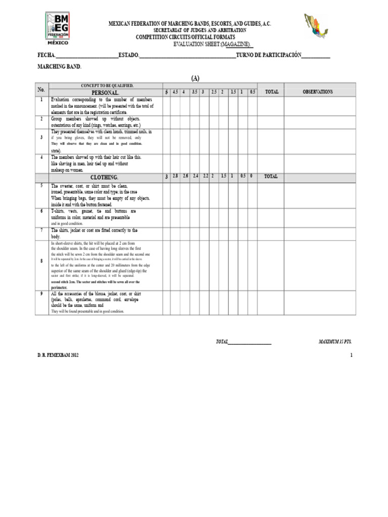 Marching Band Evaluation Criteria Guide | PDF | Seam (Sewing) | Fashion