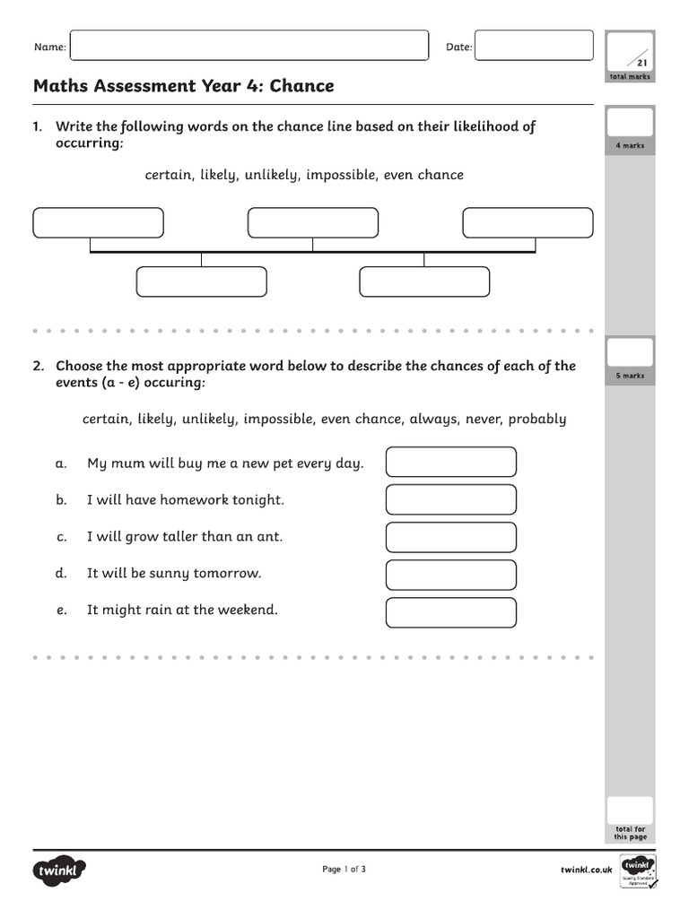 Maths Assessment Year 4 - Statistics and Probability - Chance | PDF