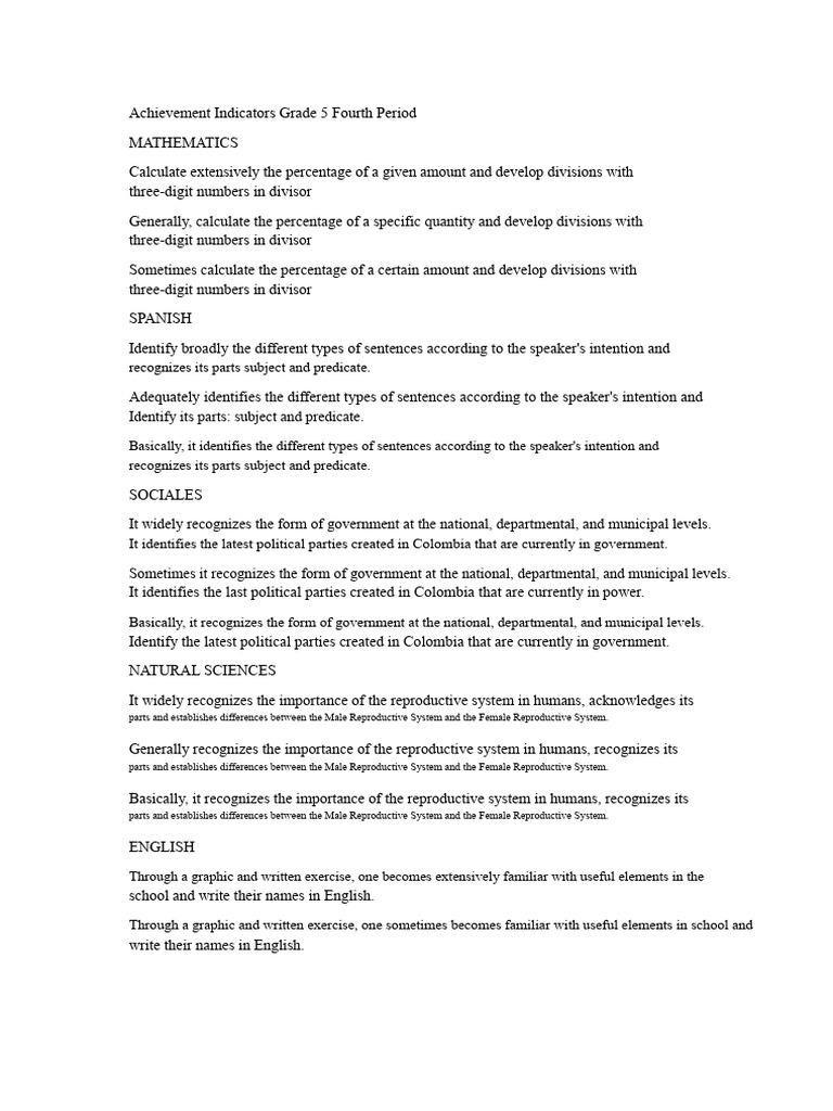 Grade 5 Achievement Indicators Summary | PDF