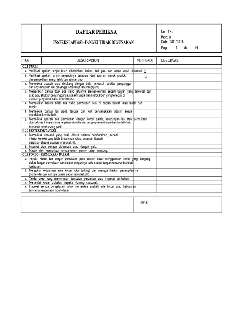 Inspeksi API 653 Tangki Tidak Digunakan | PDF