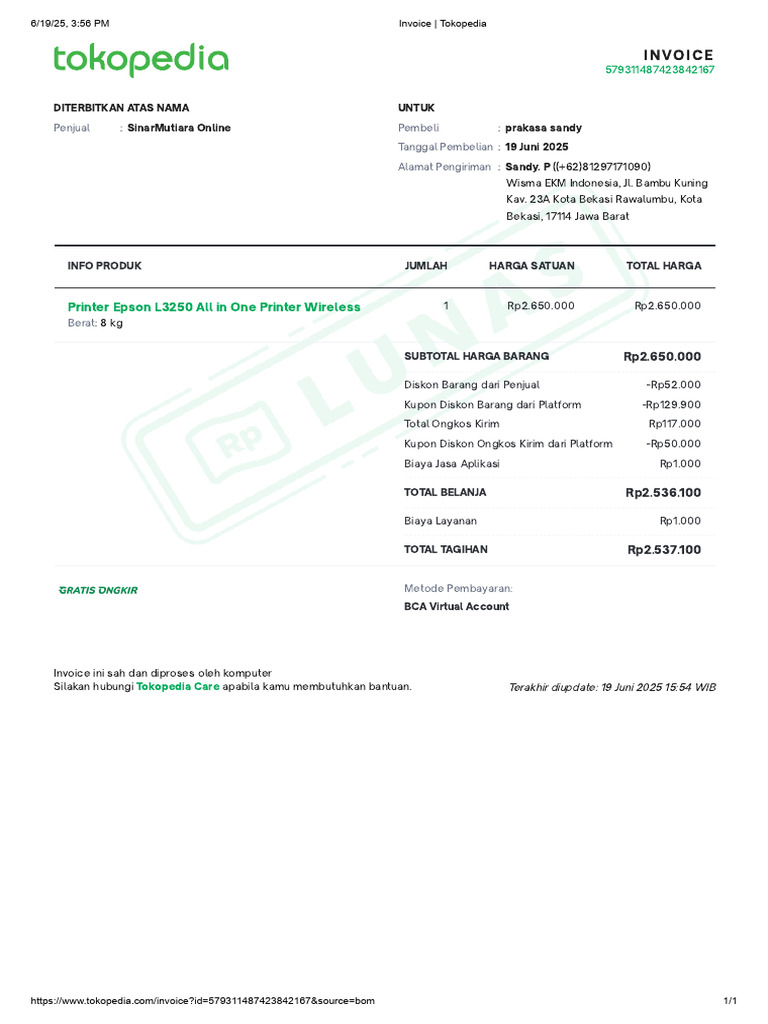 Invoice Pembelian Printer Epson L3250 | PDF