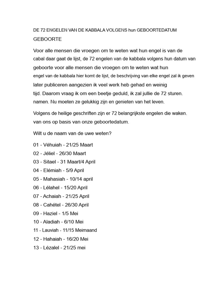 DE 72 ENGELEN VAN DE KABBALA VOLGENS JE GEBOortedatum | PDF
