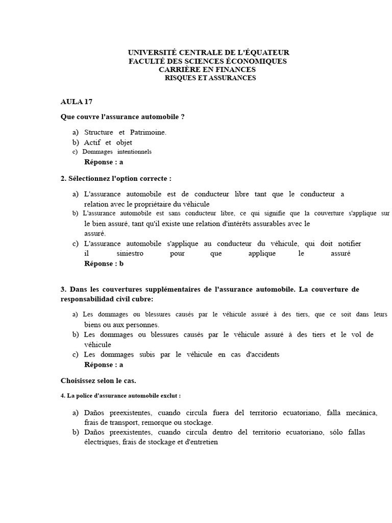 Assurance automobile : couvertures et exclusions | PDF | Assurance ...