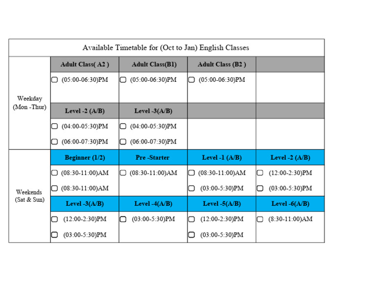 English Class Timetable Oct-Jan | PDF