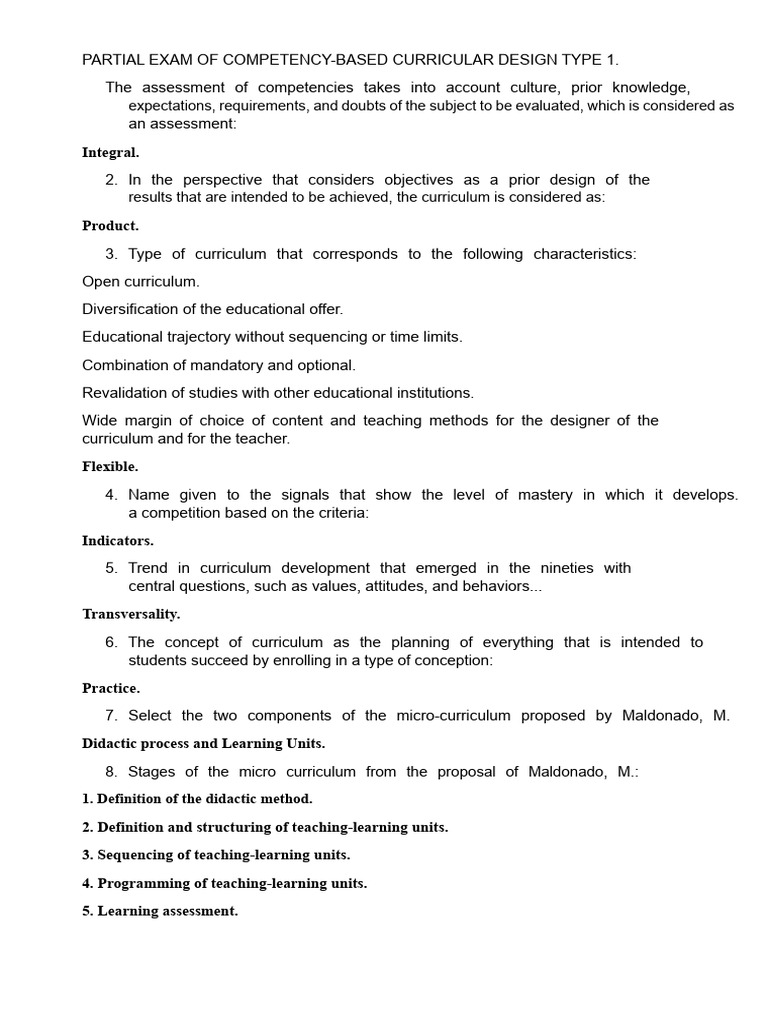 Partial Exam of Competency-Based Curriculum Design | PDF | Curriculum ...