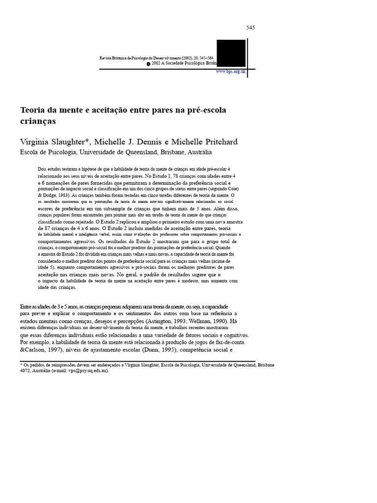 Teoria da Mente e Aceitação entre Pares | PDF | Teoria da Mente ...