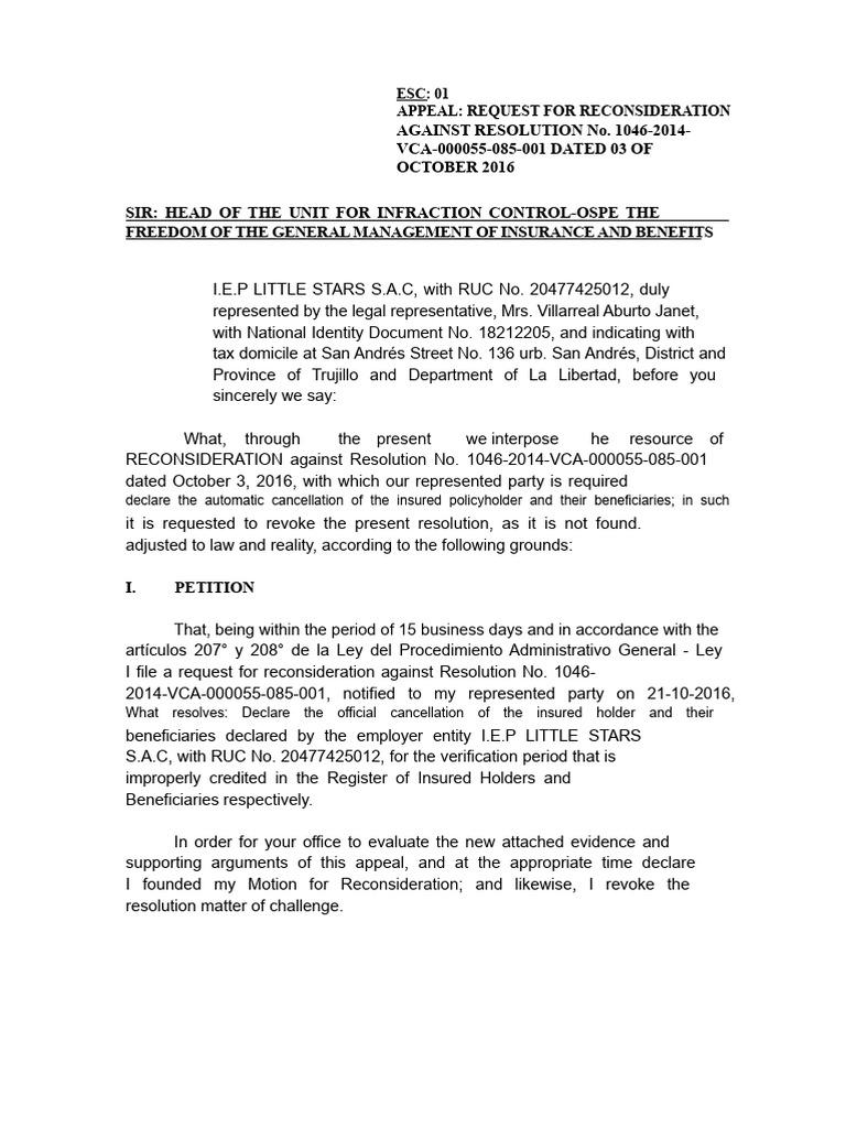 Reconsideration Resource Essalud | PDF | Employment | Insurance