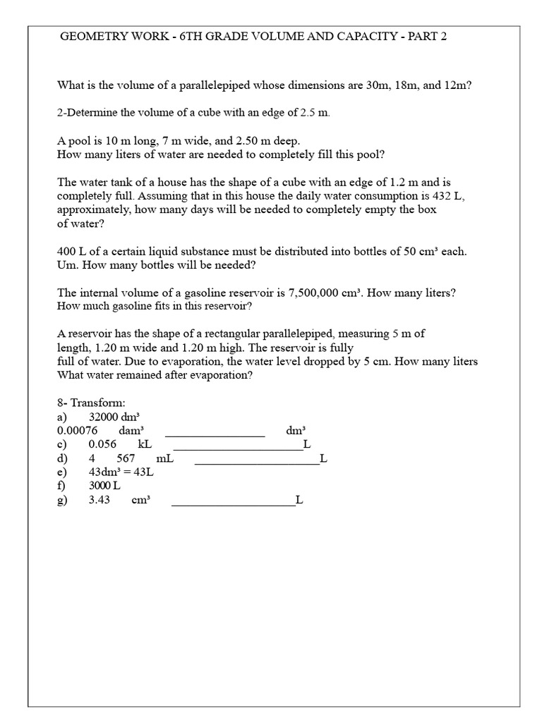 Exercises 6th Grade Volume and Capacity | PDF