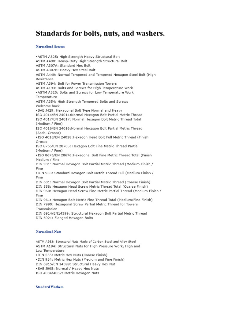 Standards For Bolts, Nuts, and Washers | PDF | Screw | Nut (Hardware)