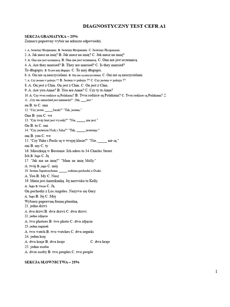 Test Diagnostyczny CEFR A1 | PDF