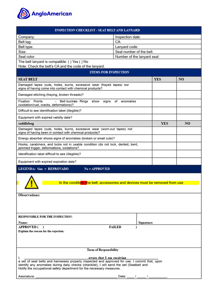 Seat Belt and Lanyard Inspection Checklist | PDF | Seat Belt