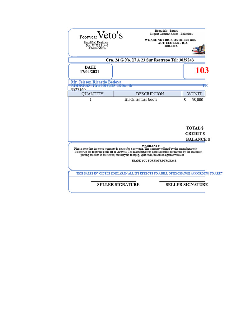Invoice Footwear Veto's | PDF