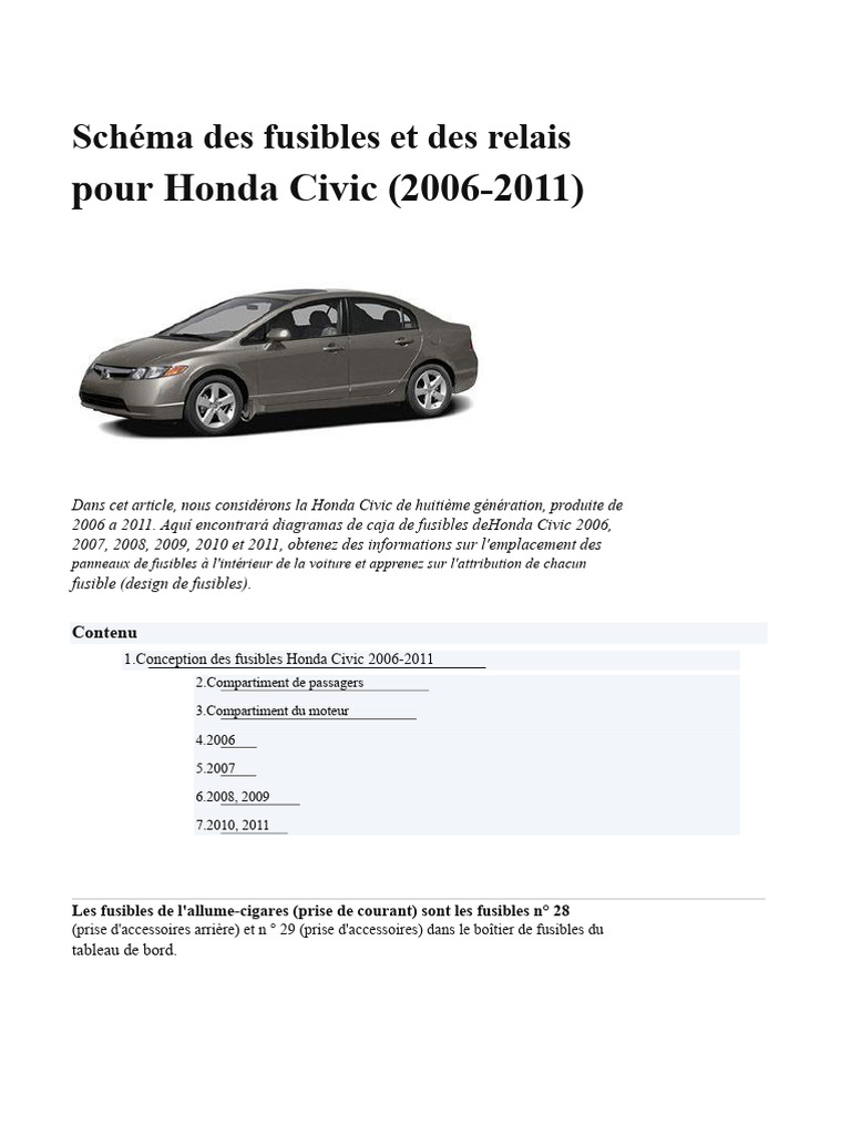 Schéma Fusibles Honda Civic 2006-2011 | PDF | Styles de carrosserie ...