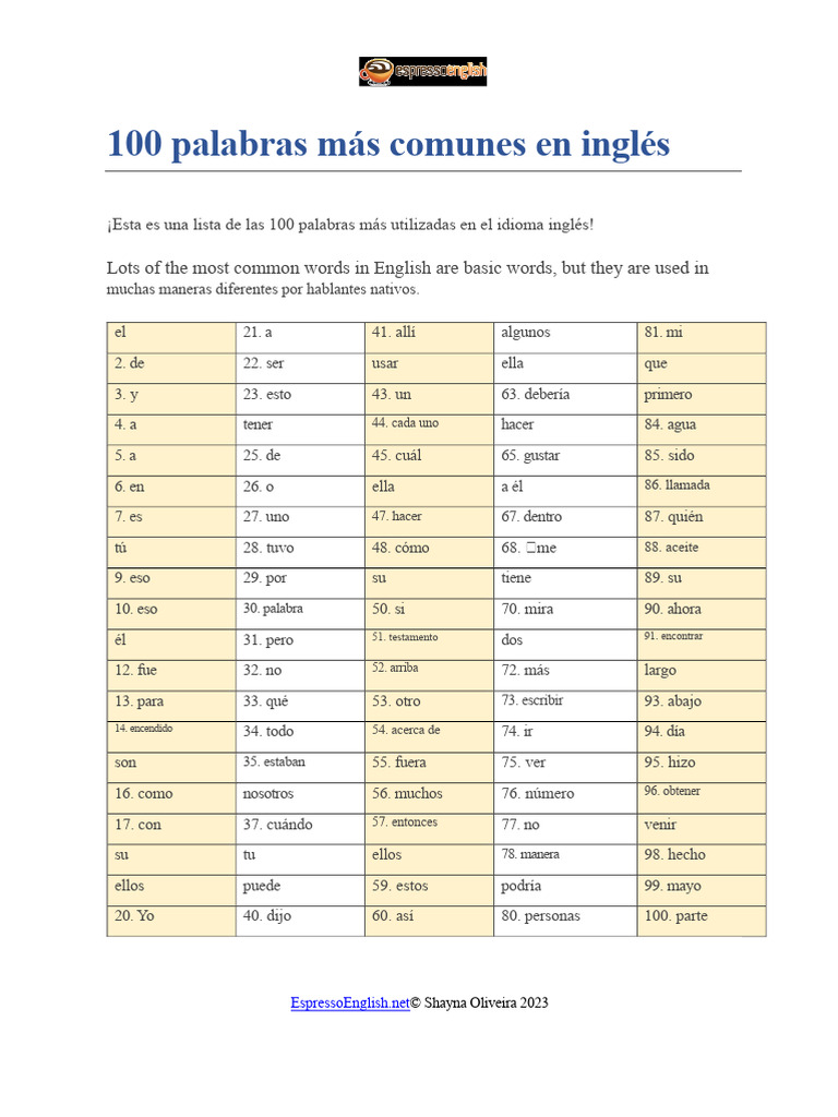 100 palabras más comunes en inglés | PDF