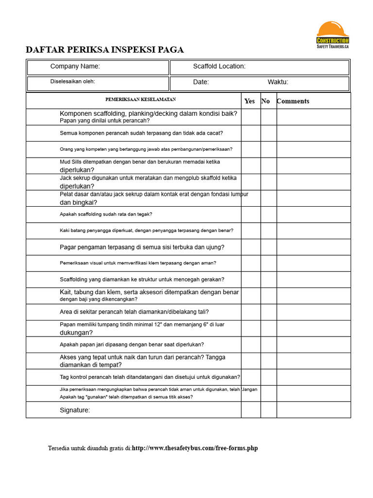 Daftar Periksa Keselamatan Perancah | PDF