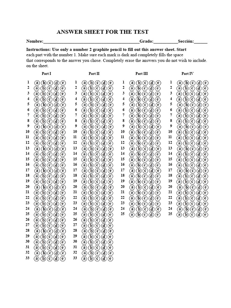 Test Answer Sheet Template | PDF | Writing Implements | Graphite