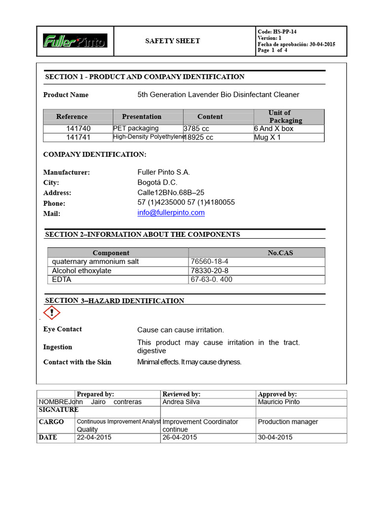 HS-PP-14 Safety Sheet For 5th Generation Lavender Bio Disinfectant ...
