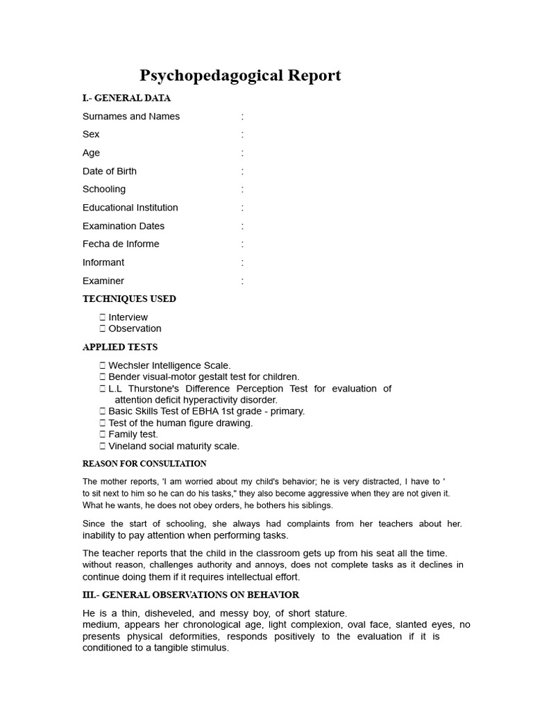 Psychopedagogical Assessment Report | PDF | Attention Deficit ...