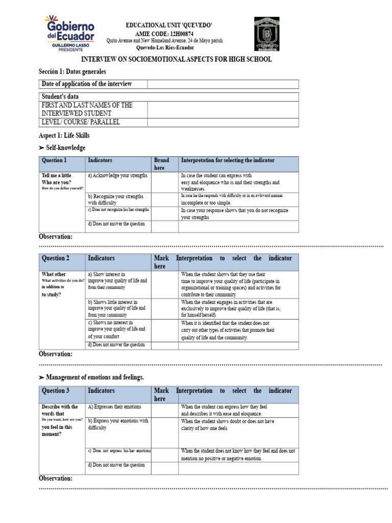 Socioemotional Interview for High School Students | PDF | Empathy ...