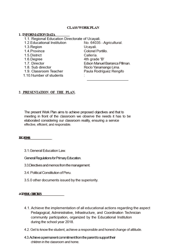 Ucayali 4th Grade Class Work Plan | PDF | Teachers | Learning