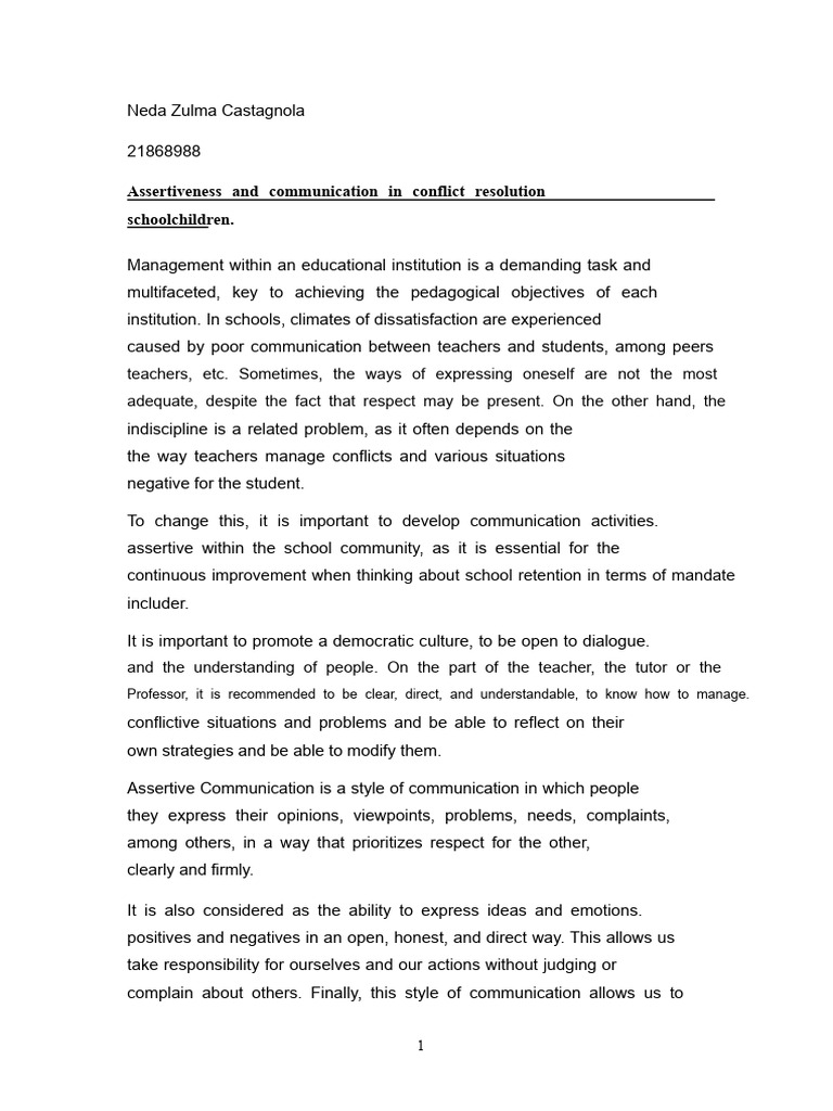 Assertiveness and Communication in The Resolution of School Conflicts ...