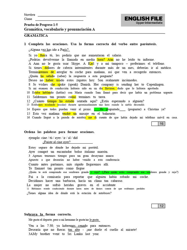 Prueba de Progreso: Gramática y Vocabulario | PDF