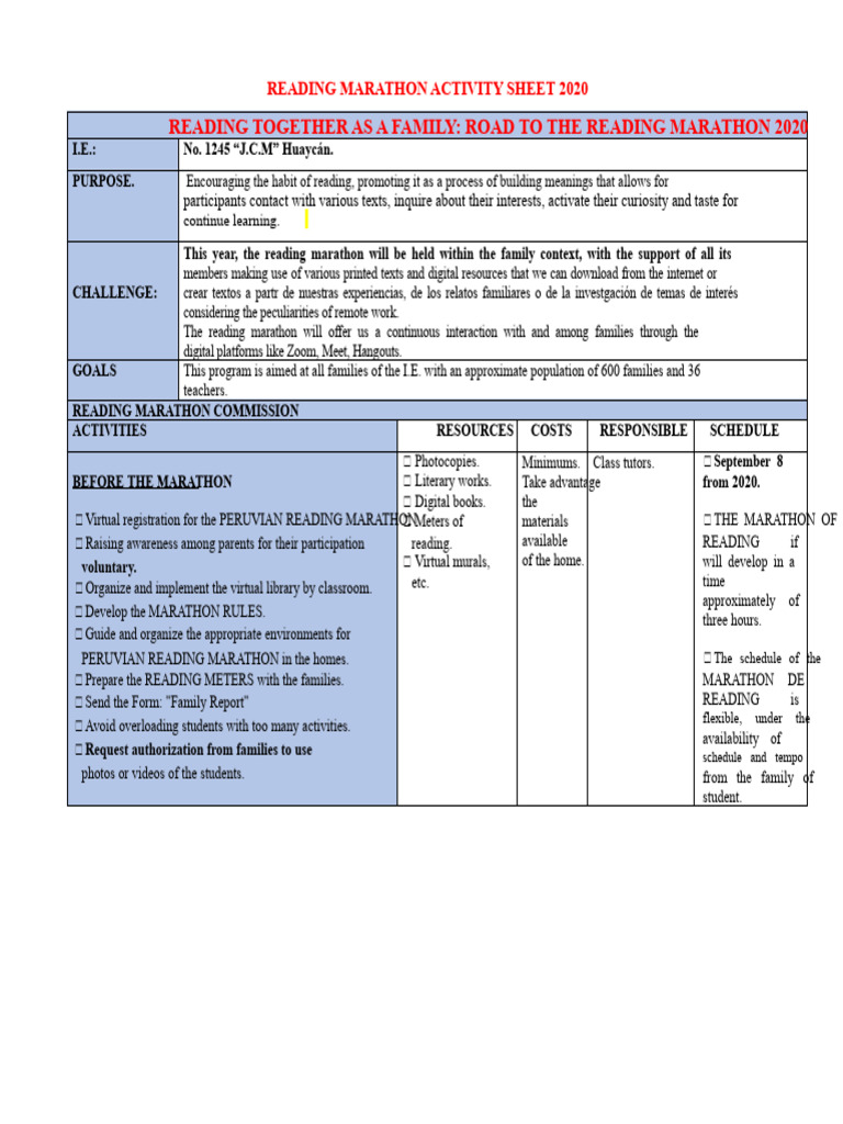 Reading Marathon Activities Sheet | PDF | Communication | Human ...