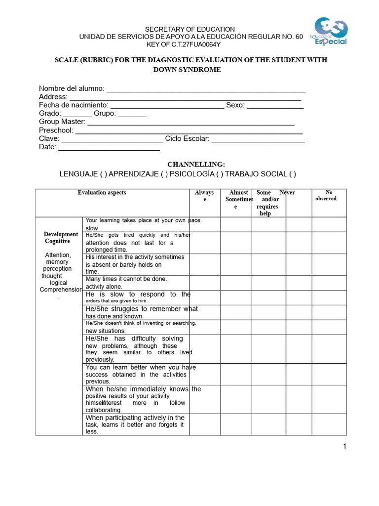Diagnostic Evaluation Scale for Down Syndrome | PDF | Concept | Cognition