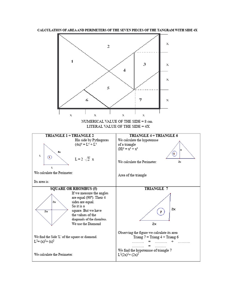 Tangram Area and Perimeter Calculations | PDF | Area | Triangle