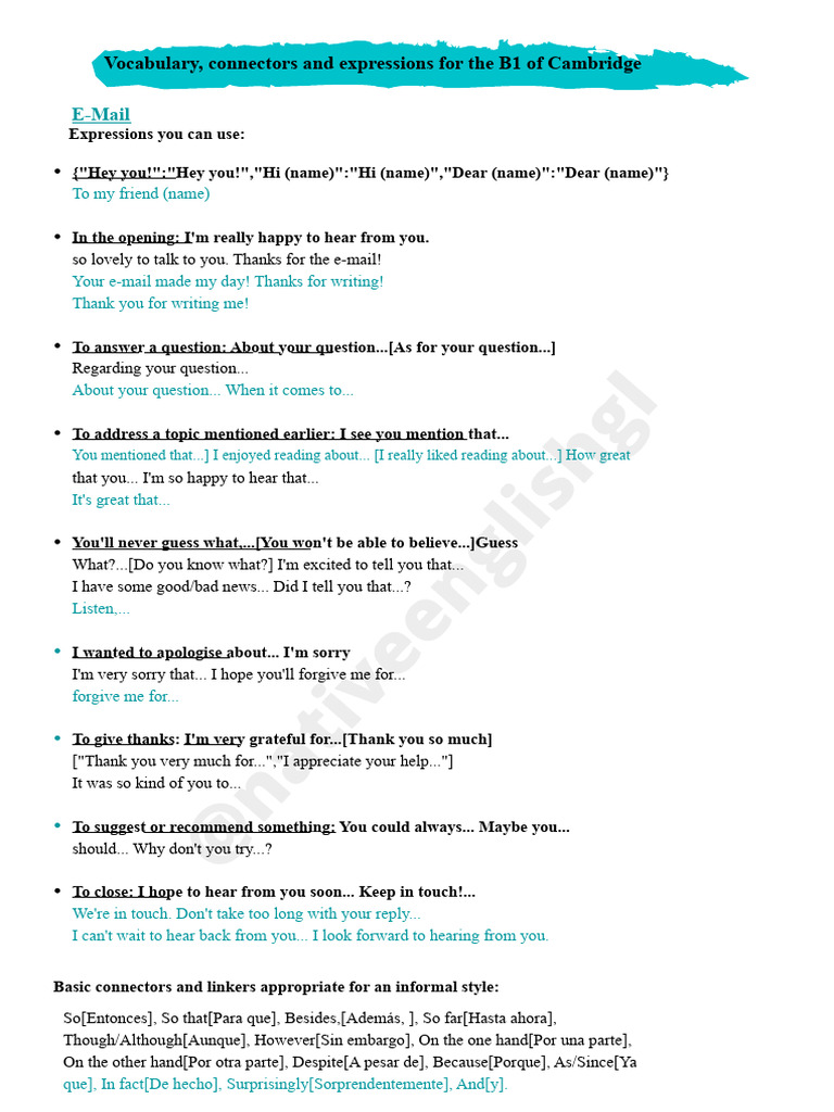 Useful Connectors Vocabulary and Expressions For B1 Writing ...