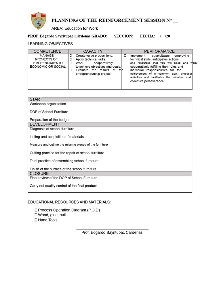 Reinforcement Session Planning: Education for Work | PDF