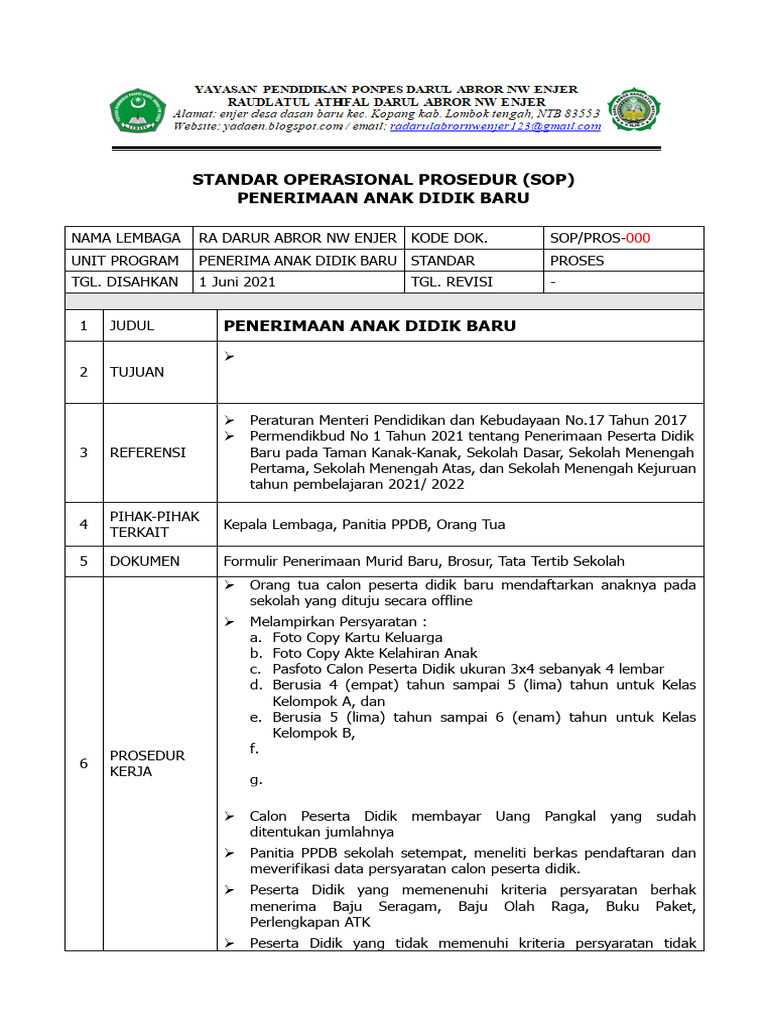 Sop Penerimaan Siswa Baru | PDF