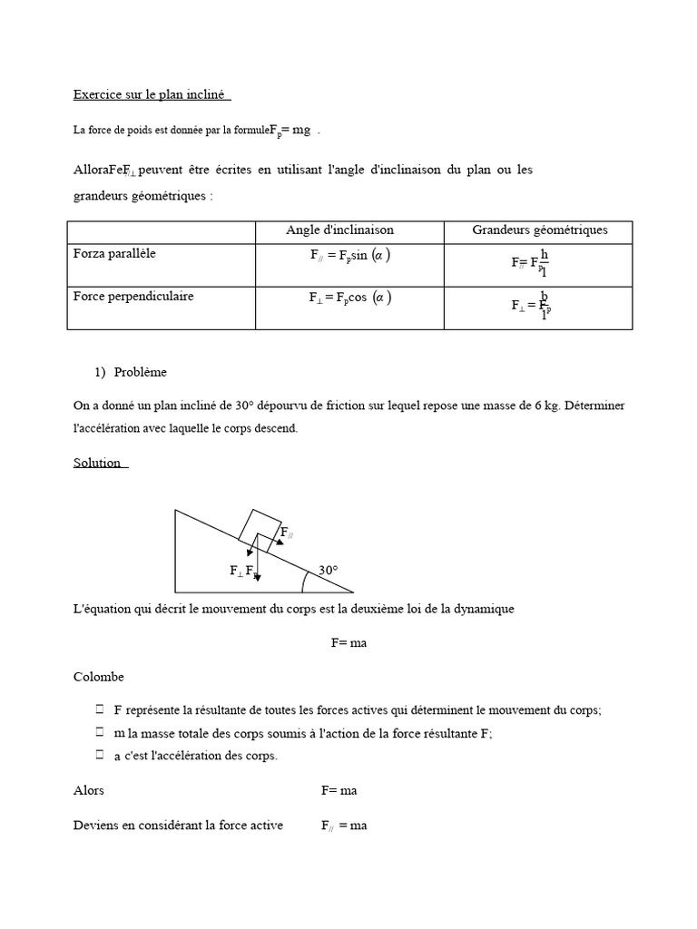 Exercice sur le plan incliné et forces | PDF | Accélération | Masse