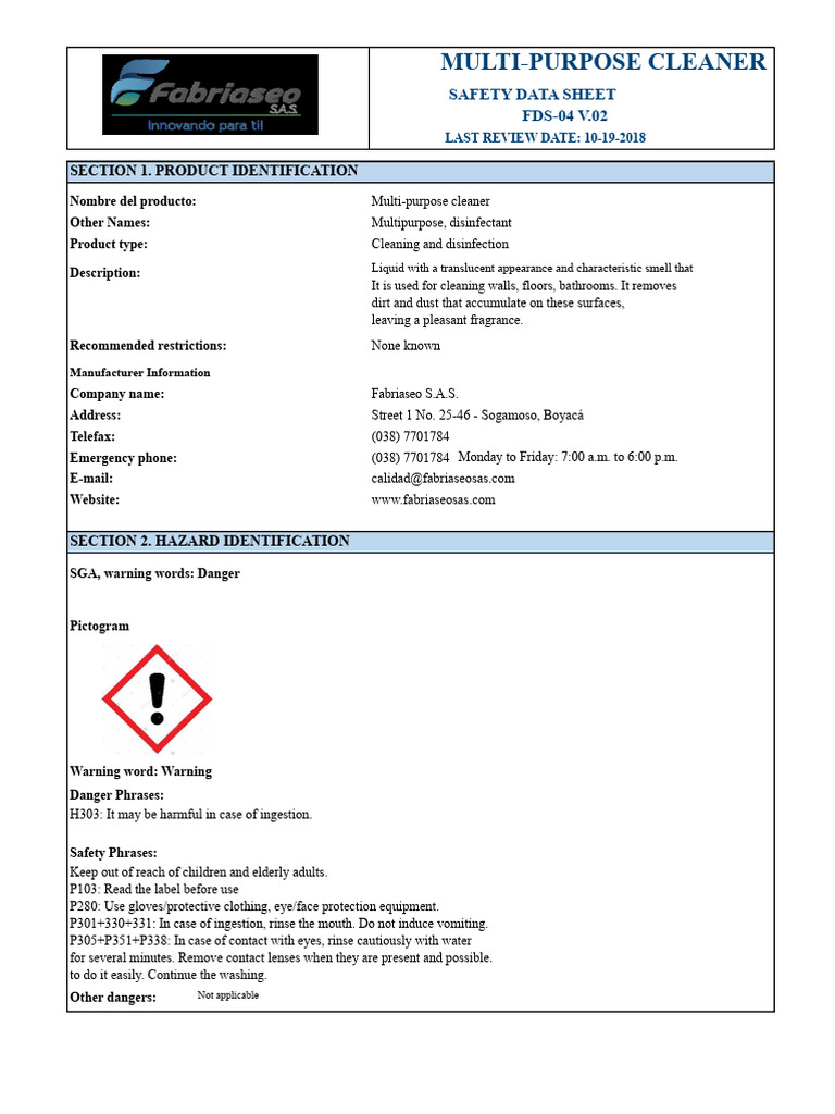 Multi-Purpose Cleaner Safety Data Sheet | PDF | Oxide | Water