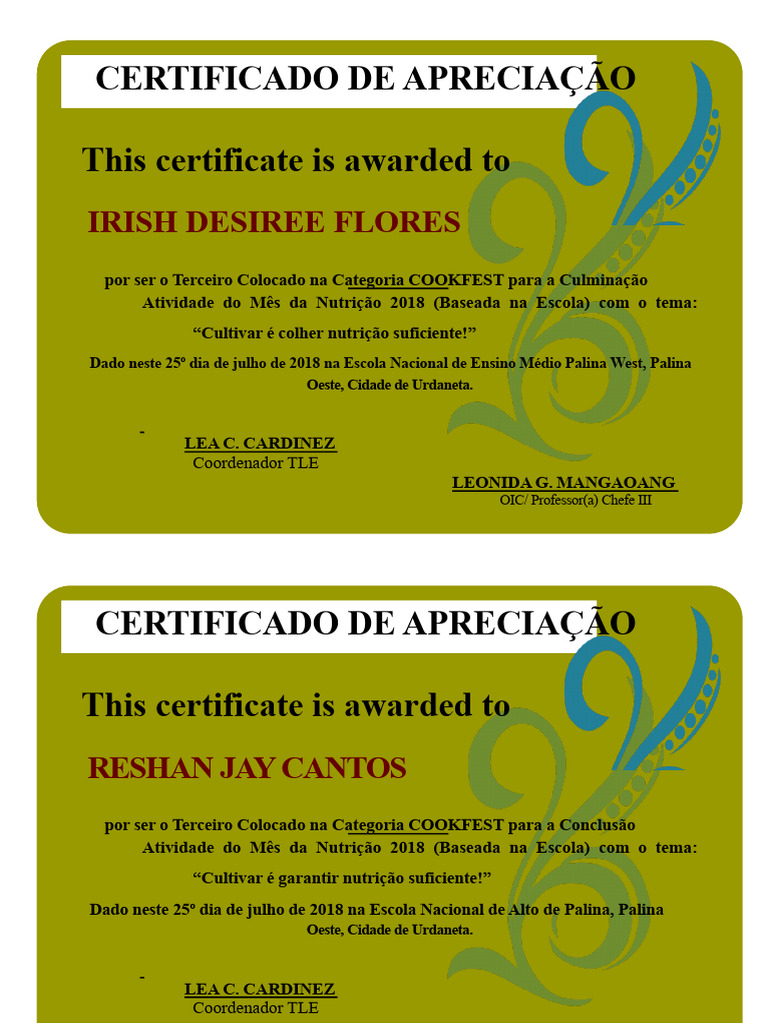 Certificados do Cookfest 2018 Urdaneta | PDF