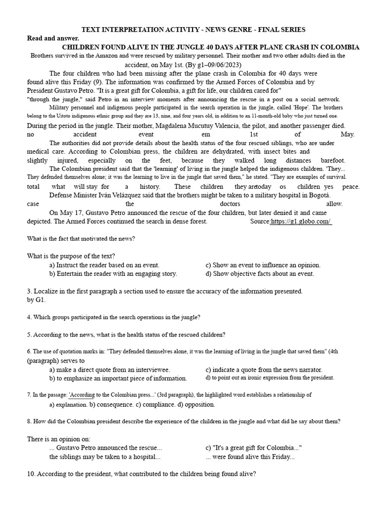 Text Interpretation Activity - News Genre - Series | PDF | Colombia