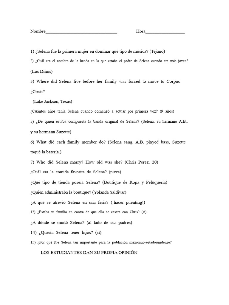 Responde A Las Preguntas Sobre La Película de Selena. | PDF