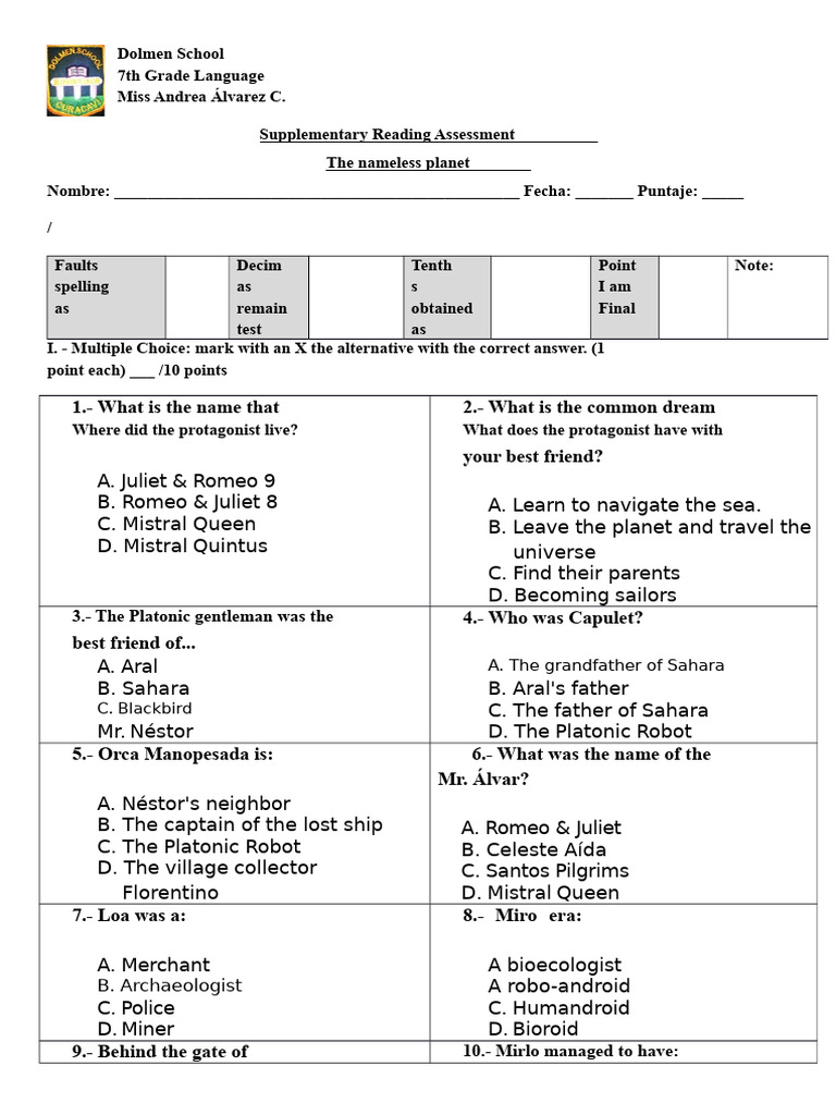Supplementary Reading 7th Grade The Nameless Planet | PDF