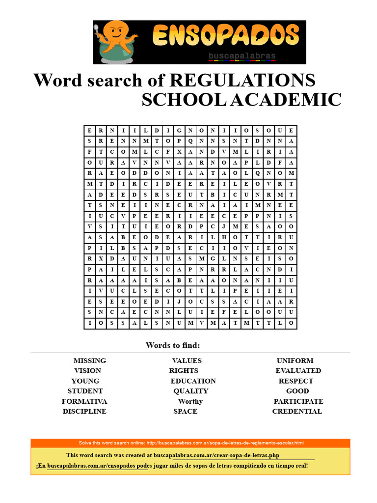 School Regulations Word Search Game | PDF