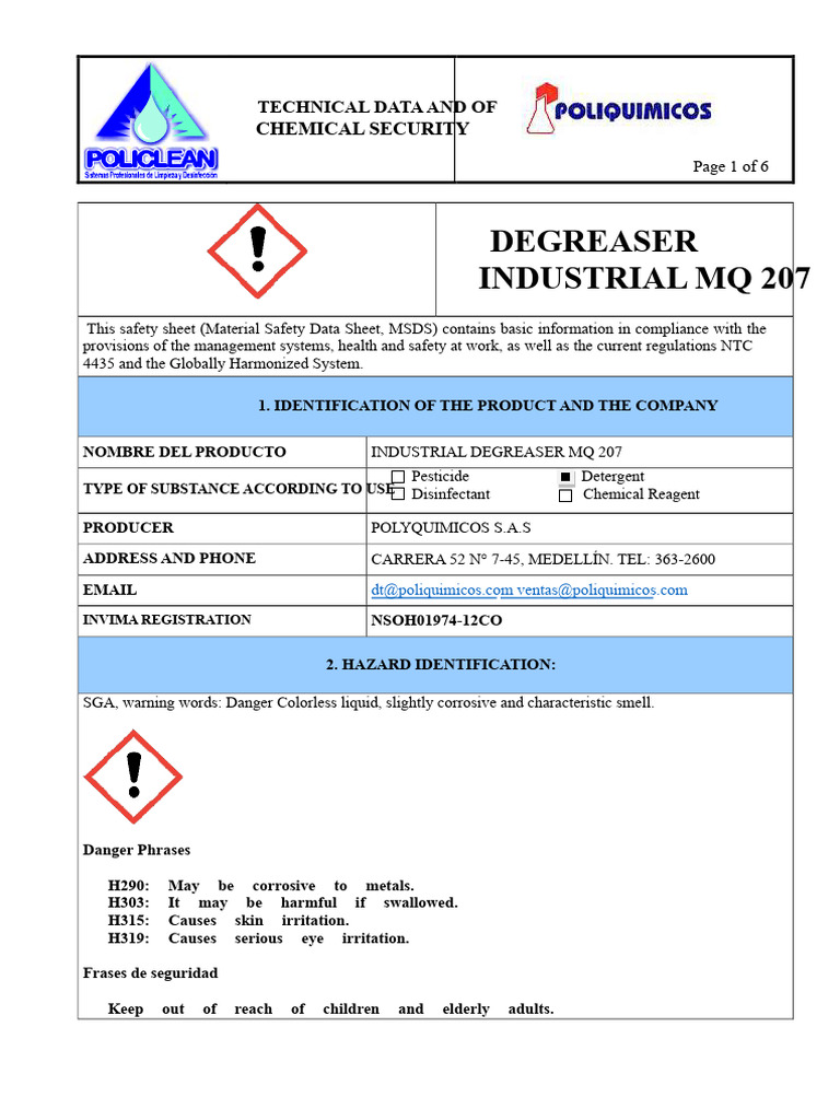 Industrial Degreaser FDS MQ 207 | PDF | Toxicity | Water