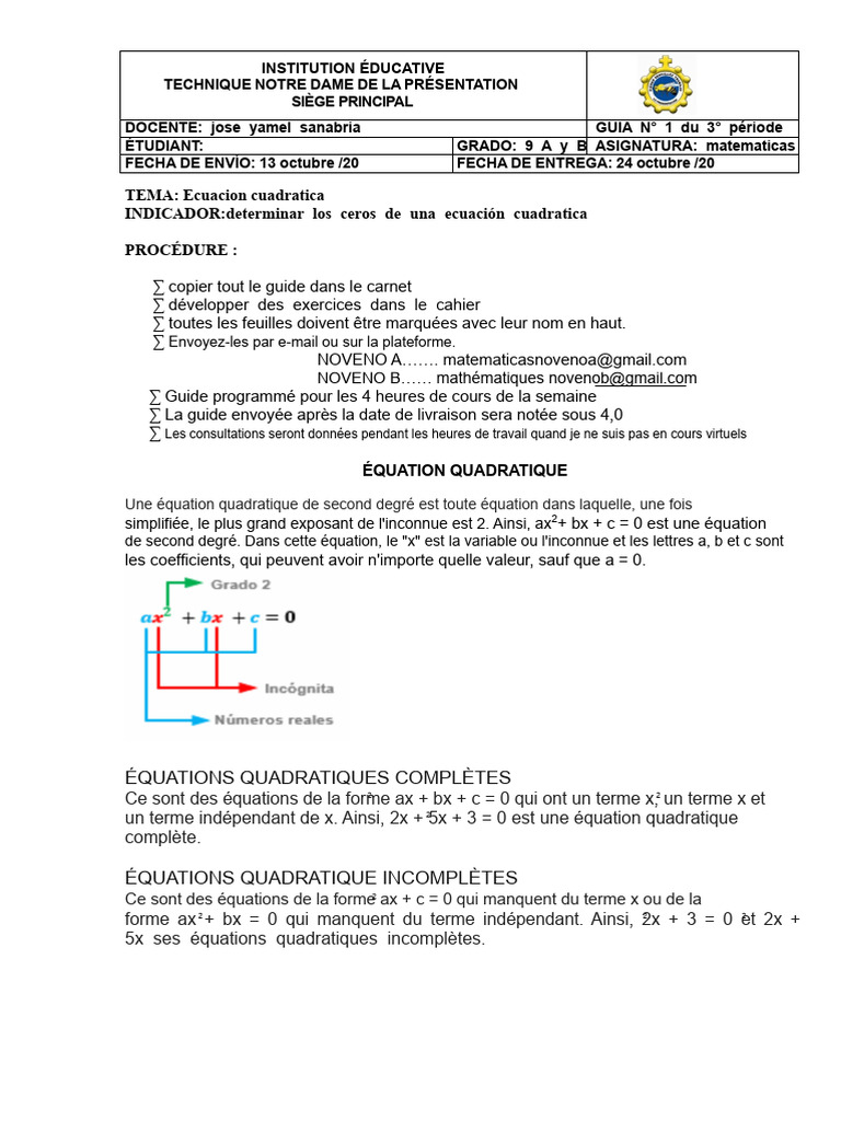 Guide sur les Équations Quadratiques | PDF | Équation du second degré ...