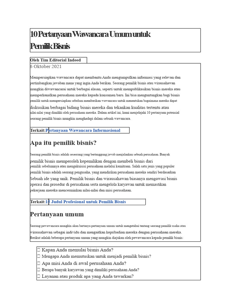 10 Pertanyaan Wawancara Umum Untuk Pemilik Bisnis | PDF