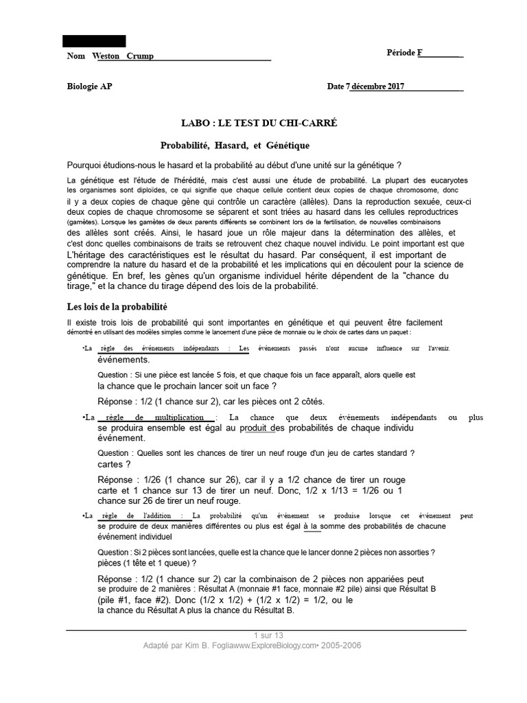 Test du Chi-Carré en Génétique | PDF | Test du χ² | Valeur p