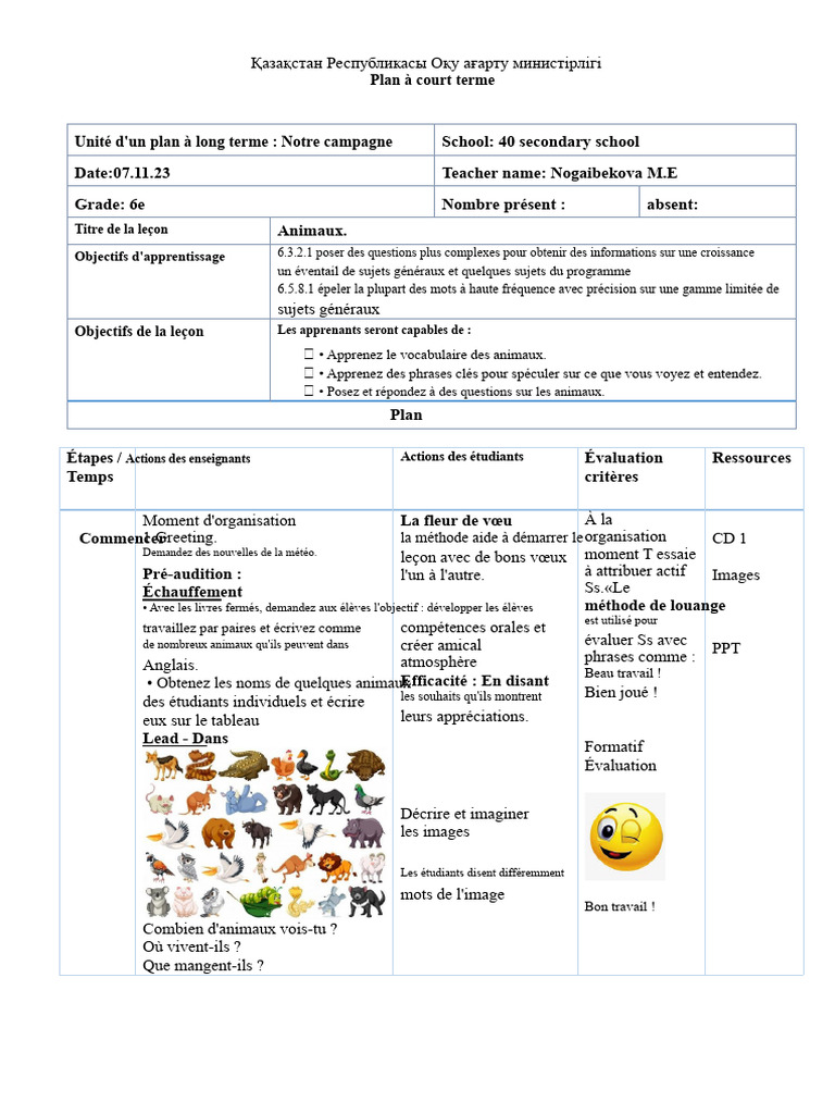 Plan de leçon sur les animaux en 6e | PDF | Biologie | Zoologie