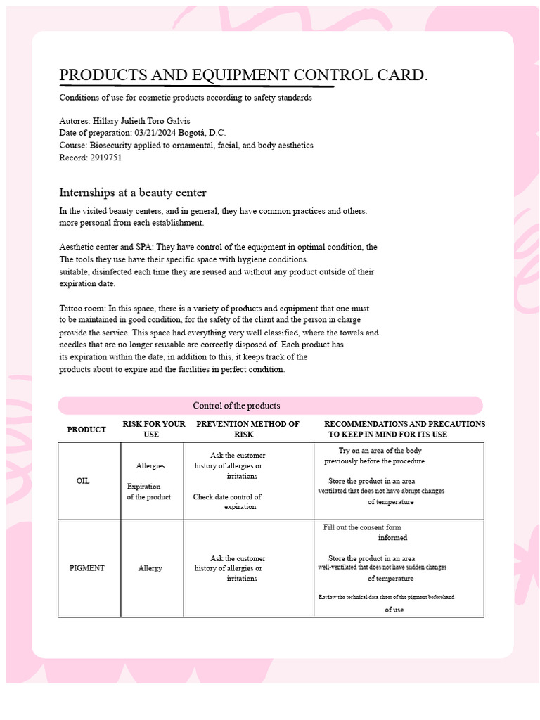 Product and Equipment Control Sheet. | PDF | Hygiene | Medical Specialties