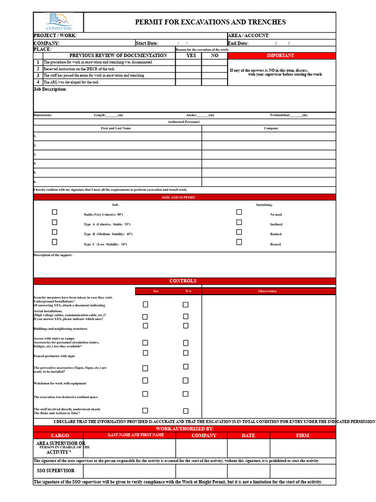 Excavation and Trenching Permit Format | PDF